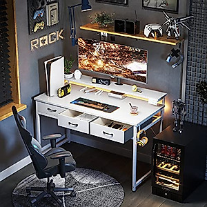 ODK 48 Inch Computer Desk with 3 Drawer and Large Storage Shelves, Home Office Desk with Monitor Shelf, Modern Work Writing Study Desk, White