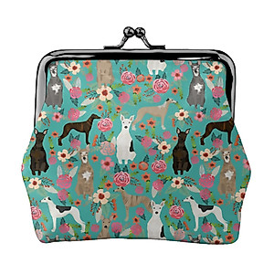 Cute Whippet Dogs Lovers Green Flower Floral Animals Dog Wallets Purses For Women Girls, PU Leather Vintage Buckle Coin Kiss-Lock Change Purse Card Holder Pouch 3D Printing Makeup Bags Birthday Gifts