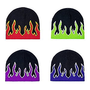 CORIRESHA Fall Winter Beanie Knit Hats for Men & Women, Warm & Soft Stylish Flame Skull Caps Red