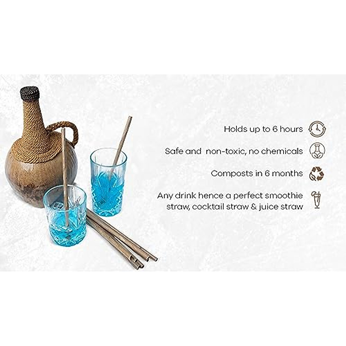 Dtocs 100 Pc. Elegant Bamboo Straw Look Coconut Leaf Disposable Straws | Long Unwrapped Biodegradable Smoothie, Cocktail, Coffee Compostable Straw Alternate to Wooden, Paper, Plastic & Reusable Straws