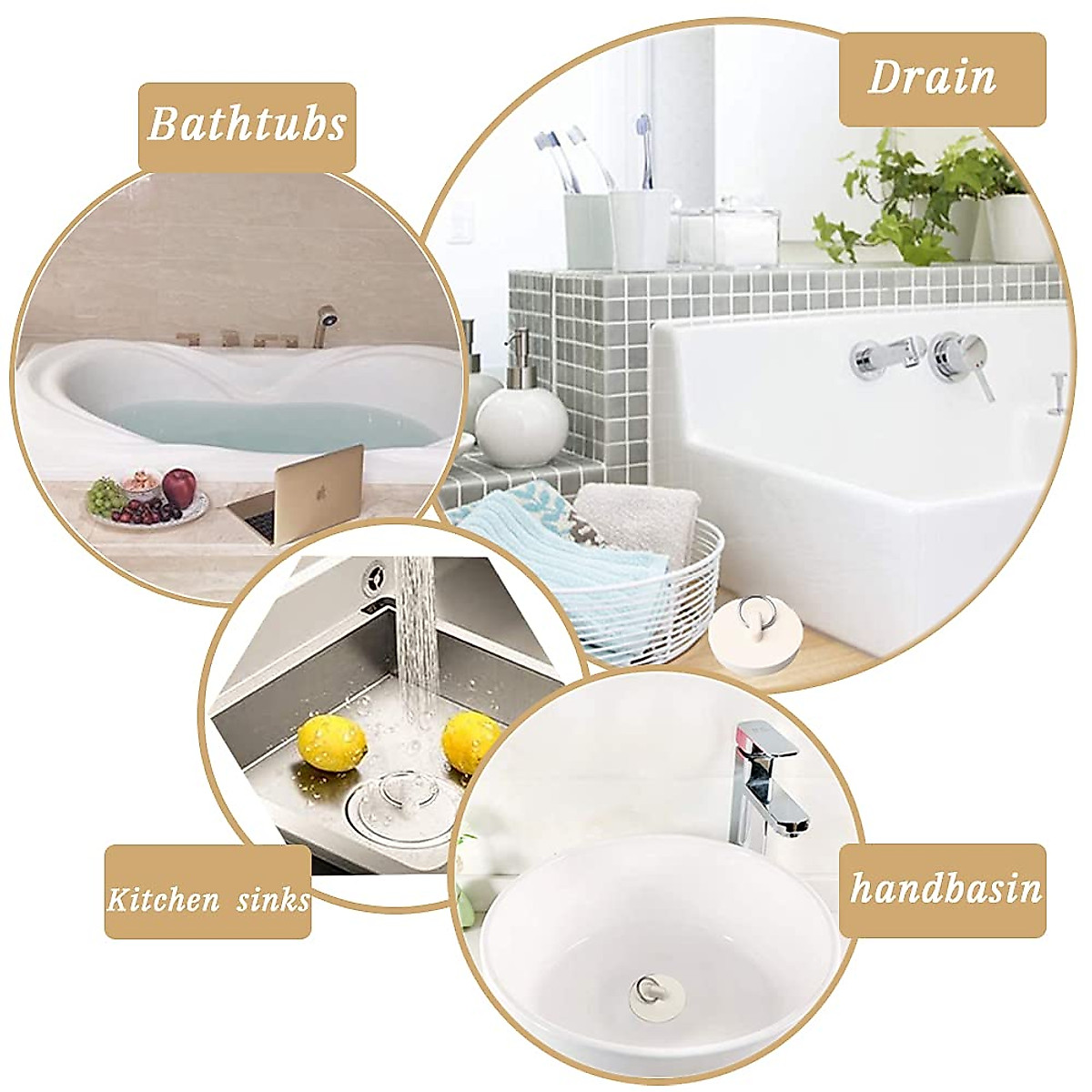 CICITOYWO Bath Tub Drain Stoppers, 4 Pieces Sink Bathtub Plug Rubber Kitchen Bathroom Laundry Bar Water Stopper Seal with Hanging Ring for Shower Faucet Cover Pool Plugs and Caps