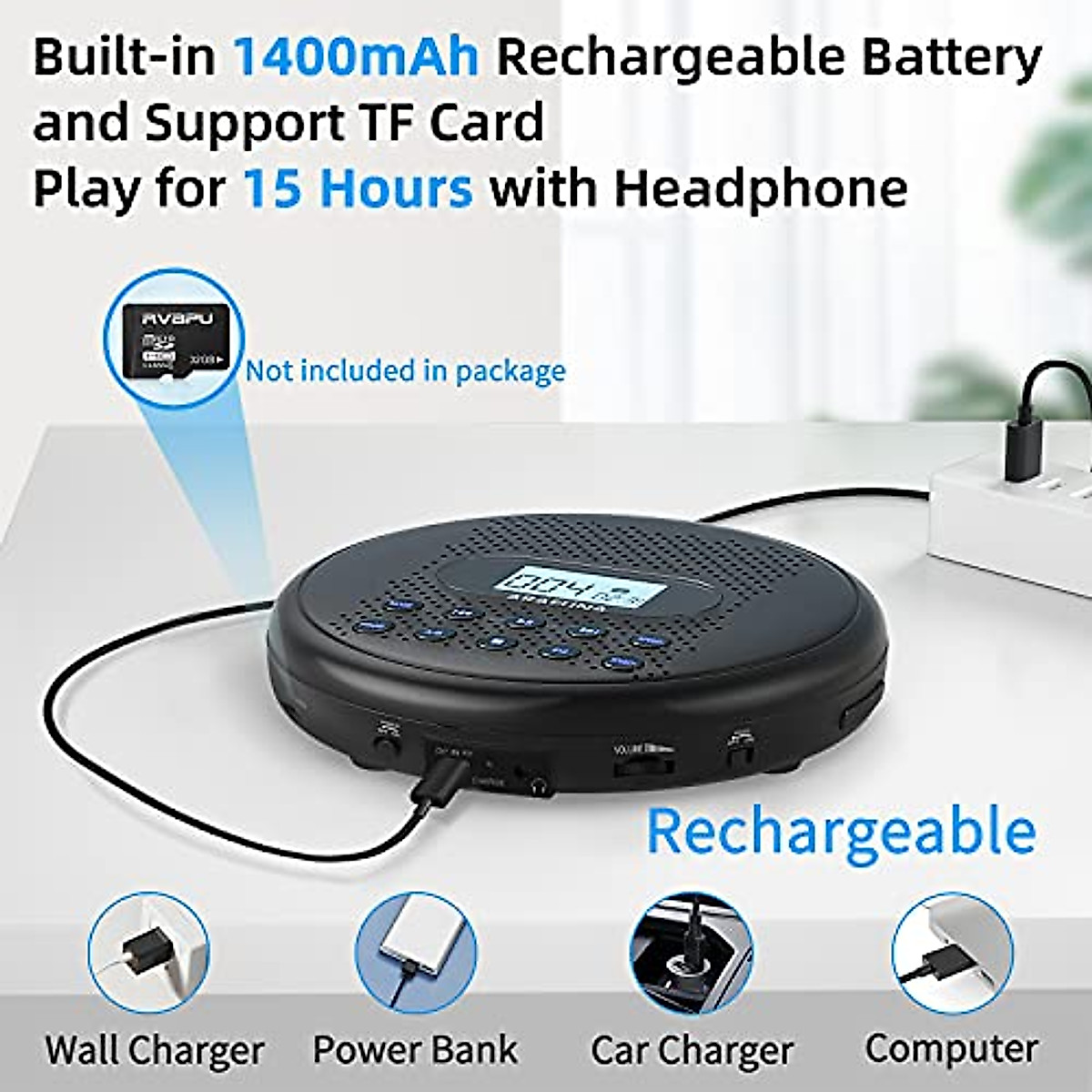 CD Player Portable, ARAFUNA Portable CD Player with Dual Stereo Speakers, Rechargeable CD Player for Car with Anti-Skip Protection, Walkman CD Player with Headphones and AUX Cable