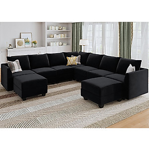 HONBAY Modular Sectional Sofa Velvet U Shaped Couch with Storage Oversized Sectional Sofa Couch for Living Room, Black
