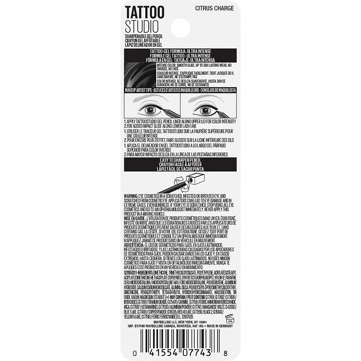 MAYBELLINE New York Tattoo Studio Long-Lasting Sharpenable Eyeliner Pencil, Glide on Smooth Gel Pigments with 36 Hour Wear, Waterproof Citrus Charge 0.04 oz