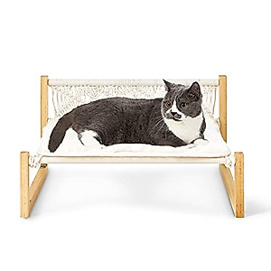 Mkono Boho Cat Bed Hammock with Blanket, Macrame Elevated for Indoor, Floor Standing and Breathable Chair for Resting, Furniture Gift for Cats and Small Dogs