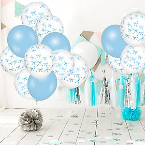 JarThenaAMCS 30Pcs Party Decoration Blue Bow Latex Balloon 12 in Blue White Bowknot Party Balloon Cute Bowtie Printed Clear Balloon for Birthday Bachelorette Bridal Party Decor