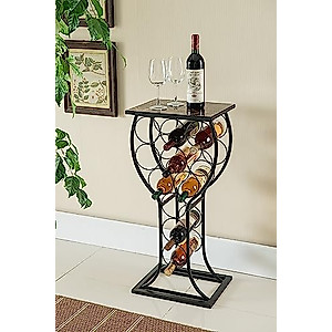 KB Designs - 11 Bottle Free Standing Floor Wine Rack Table, Black Metal & Faux Marble