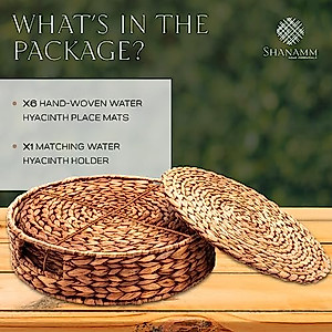Woven Placemats Set of 6 - Natural Water Hyacinth Placemats with Wicker Placemats Holder - Heat Resistant Round Placemats for Dining Table & Non-Slip Rattan Placemats for Indoor & Outdoor, 12.5"