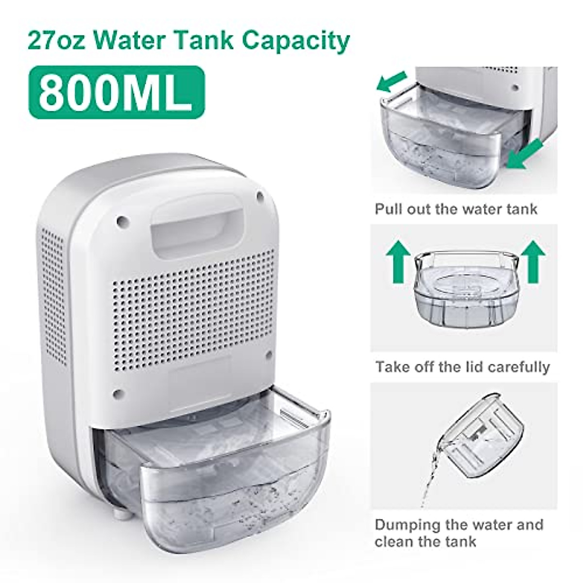 SEAVON 27OZ Dehumidifier Small Dehumidifiers for Home 2200 Cubic Feet (260 sq ft), Portable and Compact 800ML Capacity Quiet Dehumidifiers for Bedroom, Bathroom, RV, Closet, Basements, Auto Shut Off