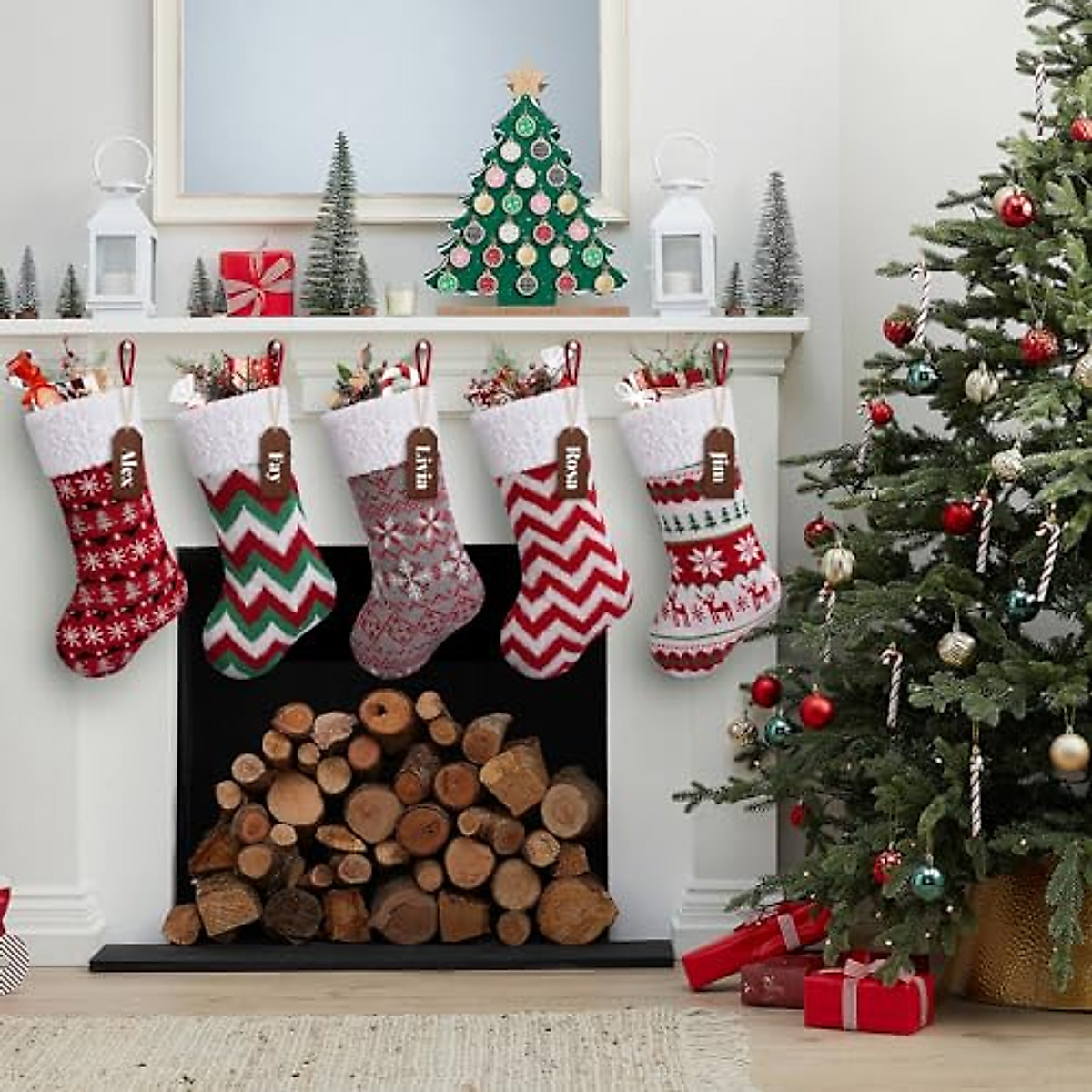 Ryoizen Christmas Stockings 5 Pack,16'' Xmas Stockings with Wool Knitted Stripe Plush Faux Fur Cuff Stockings for Stairs Fireplace Hanging Home Party Family Holiday Decor