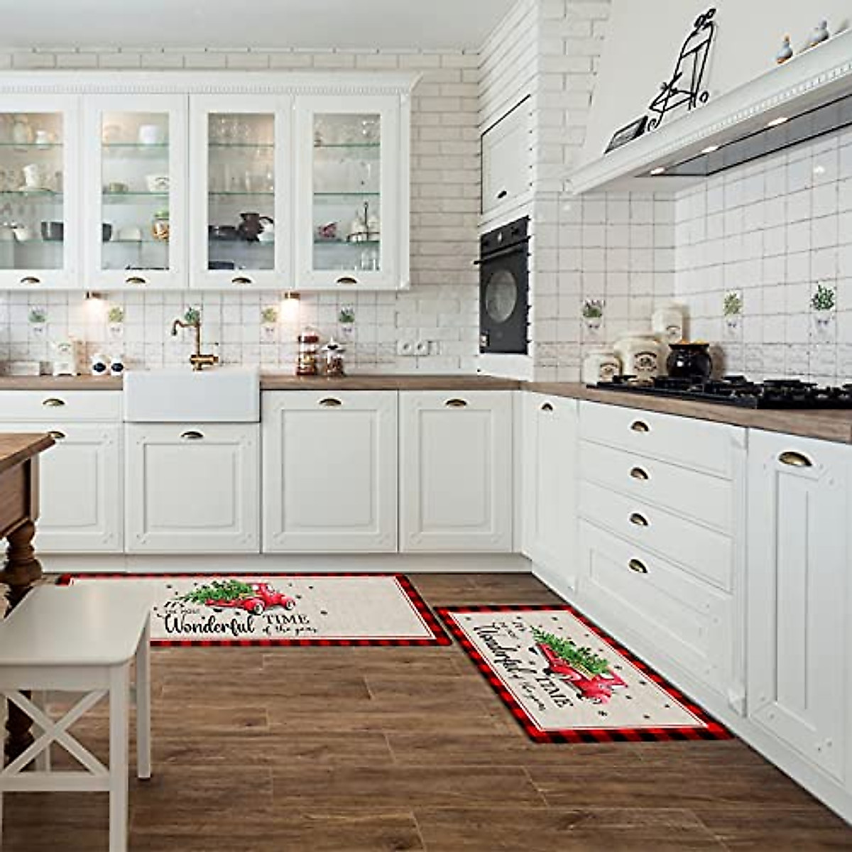 Quote Words 2PC Memory Foam Kitchen Mats Rectangle Water Absorbent Kitchen Rugs, Anti-Wear & Anti-Skid Floor Mat for Sink, Hallway 18x30in+18x48in Rustic Truck Christmas Tree Red Plaid