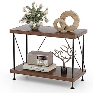 GOFLAME 2-Tier Bookshelf, Freestanding Bookcase Shelf with Metal Frame, Industrial Storage Shelving Unit, Multipurpose Display Rack for Bedroom, Living Room, Study, Office, Walnut