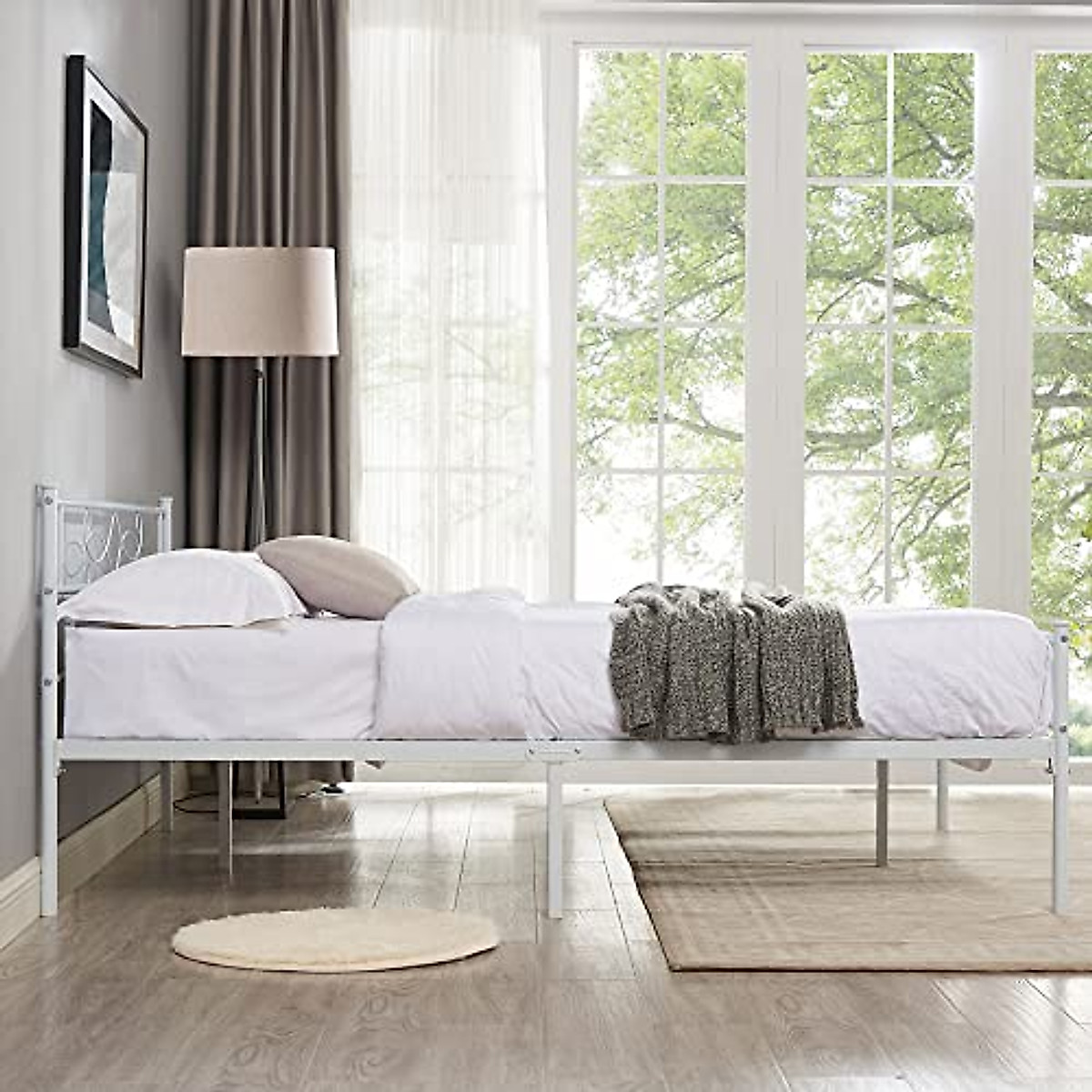 VECELO 14" Full Size White Metal Platform Bed Frame with Headboard,Premium Steel Slat Support/No Box Spring Needed/Noise-Free/Easy Assembly