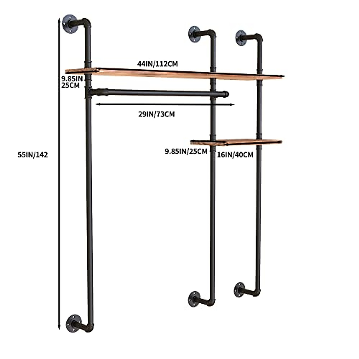 TEDIDUWA 45In Industrial Pipe Clothing Rack,Wall Mounted Clothes Rack with Top Shelves, Pipe Clothing Rack with Shelf, Wall Hangers for Clothes, for Bedroom, Laundry, Living Room, Retail Store