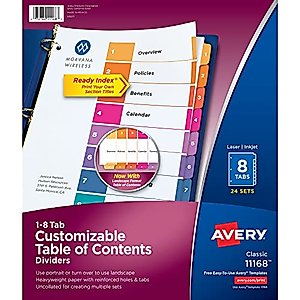 Avery 8-Tab Dividers for 3 Ring Binders, Customizable Table of Contents, Multicolor Tabs, 24 Sets (11168)