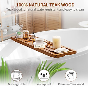 Axeman Teak Bathtub Tray - Bathtub Caddy for Luxury Bath Foldable Bath Tray Bath Tub Accessories with Expandable Handles Wine Glass Phone Holder Book Stand for Home Spa Relaxing and Reading，Natural