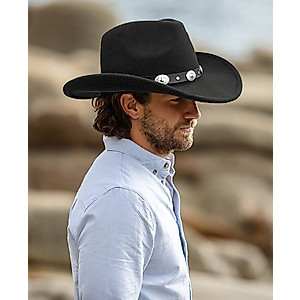 Black Cowboy Cowgirl Hat for Women Men Western Style Wide Brim Felt Fedora Panama Hat with Detachable Belt Buckle