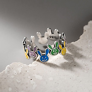 Izpack Cute Rabbit Open Adjustable Ring Colorful Enamel Bunny Stacking Statement Finger Band Love Endless Promise Rings Lovely Easter Jewelry Gifts for Women Teen Girls Birthday