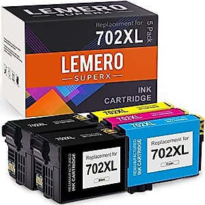 LemeroSuperx Remanufactured Ink Cartridge Replacement for Epson 702 XL T702XL 702XL Work for Workforce Pro WF-3730 WF-3720 WF-3733 (Black, Cyan, Magenta, Yellow, 5 Pack)