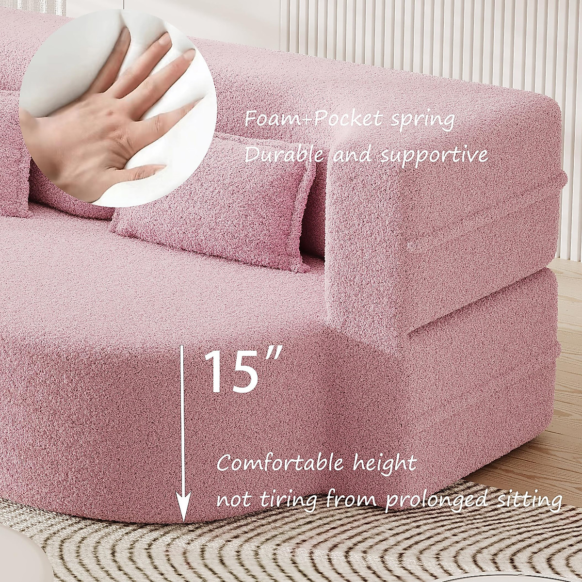 Tmsan 78" Teddy Loveseat Sofa Cloud Couch, 2 in 1 Convertible Sleeper Sofa Bed Full Size, Modern Boucle Floor Sofa Guest Bed with 2 Pillows for Living Room Apartment Office (Pink)
