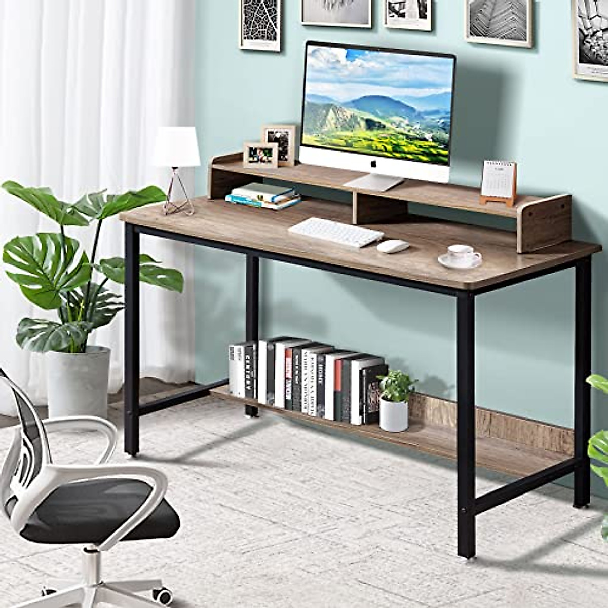 WOODYNLUX Computer Desk for Home-Office with Storage-Shelves - Modern Simple Style Metal Frame Laptop Notebook PC Study Writing Student Makeup Table Desk with Monitor Stand Footrest, Easy to Assemble.