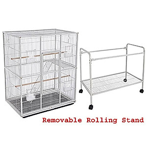 Large Wrought Iron 3 Levels Ferret Chinchilla Sugar Glider Small Animal Cage with 1/2" Wire Cross Shelves & Ladders with Removable Rolling Stand *White Vein*