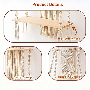 YOJO Macrame Wall Hanging Shelf,2 Tier Boho Wall Plant Hanger Shelves,Handmade Bohemian Woven Floating Shelves for Bedroom Living Room Apartment Home Decor