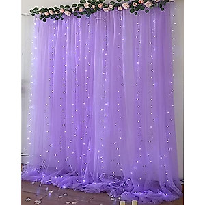 Lavender Sheer Backdrop Curtain with Led Lights for Baby Shower Wedding10ft X 10ft Lavender Tulle Backdrop Curtain for Bridal Shower Birthday Party Photoshoot Background Decorations