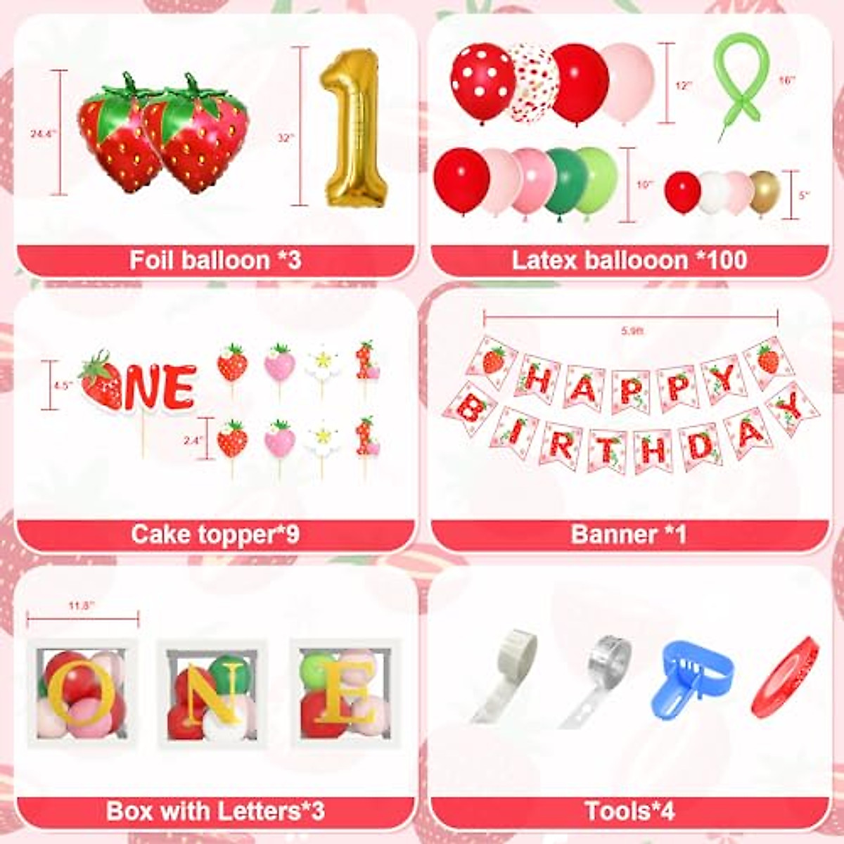Amandir Strawberry 1st Birthday Party Decorations One Boxes, 120PCS Strawberry Balloons Garland Arch Banner Cake Topper Foil Number 1 for Berry First Sweet One Girl Birthday Baby Shower Fruit Supplies