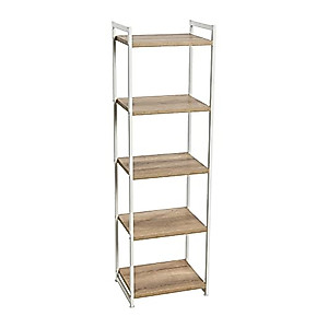 Household Essentials Jamestown Narrow 5 Shelf Open Storage Bookshelf Coastal Oak Rustic Wood Grain and White Metal