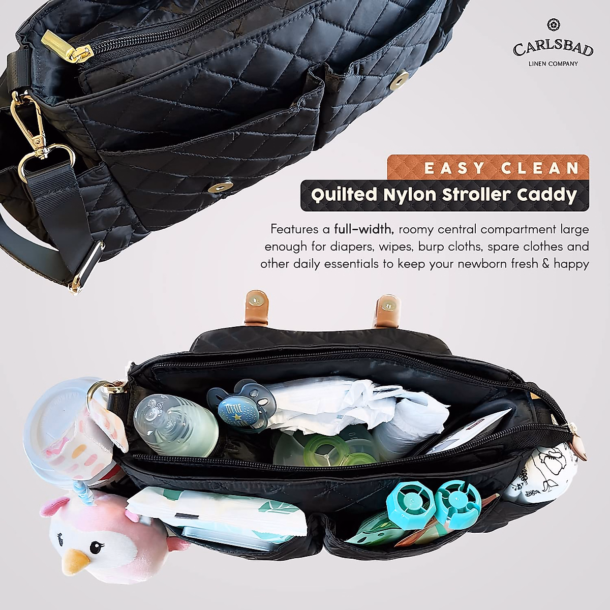 Carlsbad Linen Company Stylish Black Quilted Nylon Universal Stroller Caddy Organizer Cup Holder and Insulated Bottle Pouch 3 Strap Options Included Loose Fit Stable Velcro And Over the Shoulder