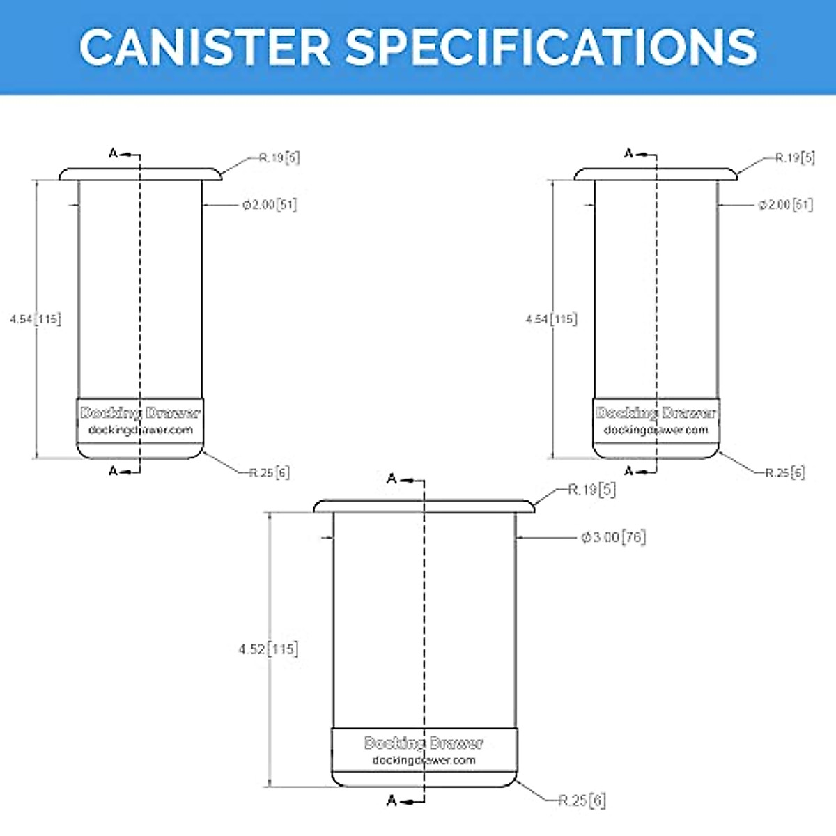 3.0", 2.0" and 2.0" Capped Canister Bundle for Hot Tools, Hair Dryer, Curling Iron, and Flat Iron Holder Tube Ring | Docking Drawer | Stainless Steel