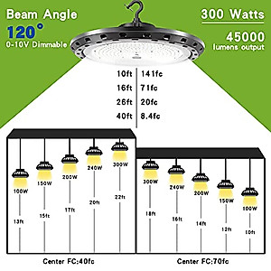 BFT 300W UFO LED High Bay Light 45,000LM 5000K Dimmable (0-10V) 5' US Plug - Commercial Shop Lights for Garage Gym Factory and Low Bay Area Warehouse Lighting Fixture