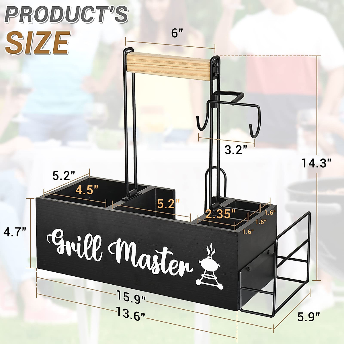 Grill Utensil Caddy, Picnic Condiment Caddy, BBQ and Grill Caddy with Paper Towel Holder & Paper Plate Holder. Grilling Caddy with Wood Handle & 2 Hooks, Multi-use Storage Organizer for Outdoor Grill