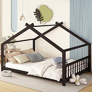 Bellemave Wood Montessori Full Size Bed Frame, Espresso - Playhouse Design, Sturdy, Safety, No Box Spring Needed, Easy Assemble