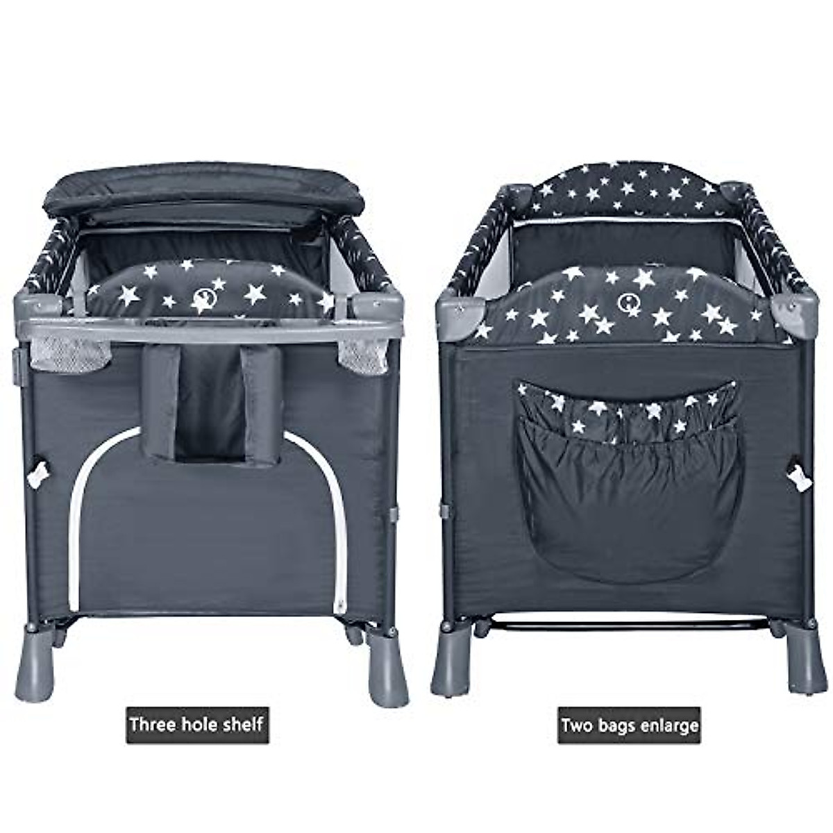 Heyo.Ja Portable Baby Playard, 4 in 1 Pack and Play, Baby Bedside Sleeper with Bassinet, Changing Table, Foldable Bassinet Bed with Luxury Mosquito Net for Boys Girls Infant(Gray)