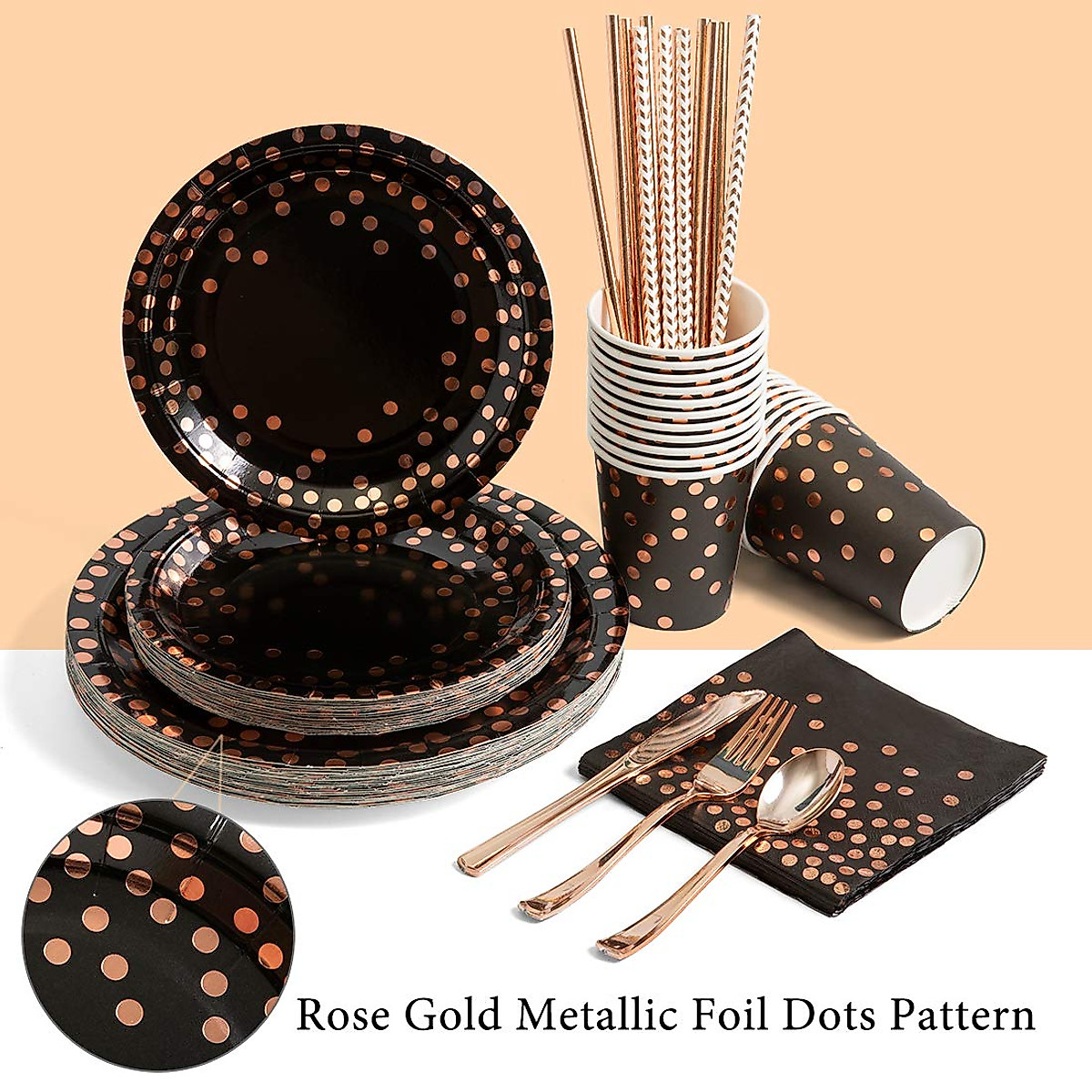 HOMIX Black and Rose Gold Party Supplies - Rose Gold Dot on Black Paper Plates Napkins Straws and Cups Silverwares Serves 25 for Wedding Bridal Shower Birthday Bachelorette Party Decorations