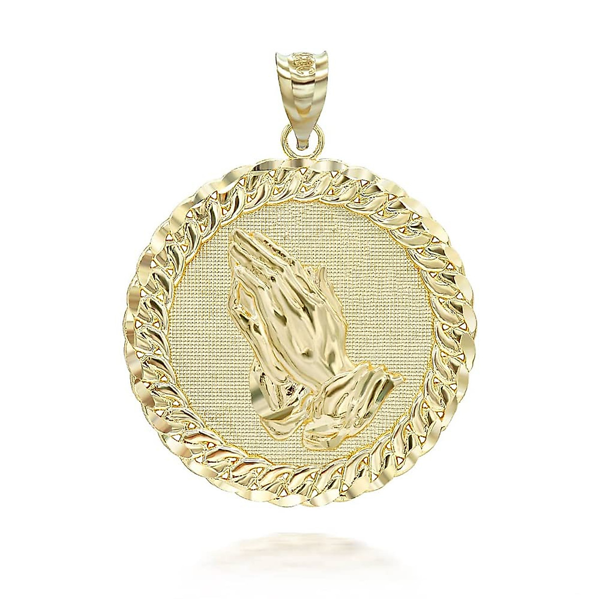 14k Yellow Gold Praying Hands Cuban Link Round Frame in Solid Gold Charm Pendant