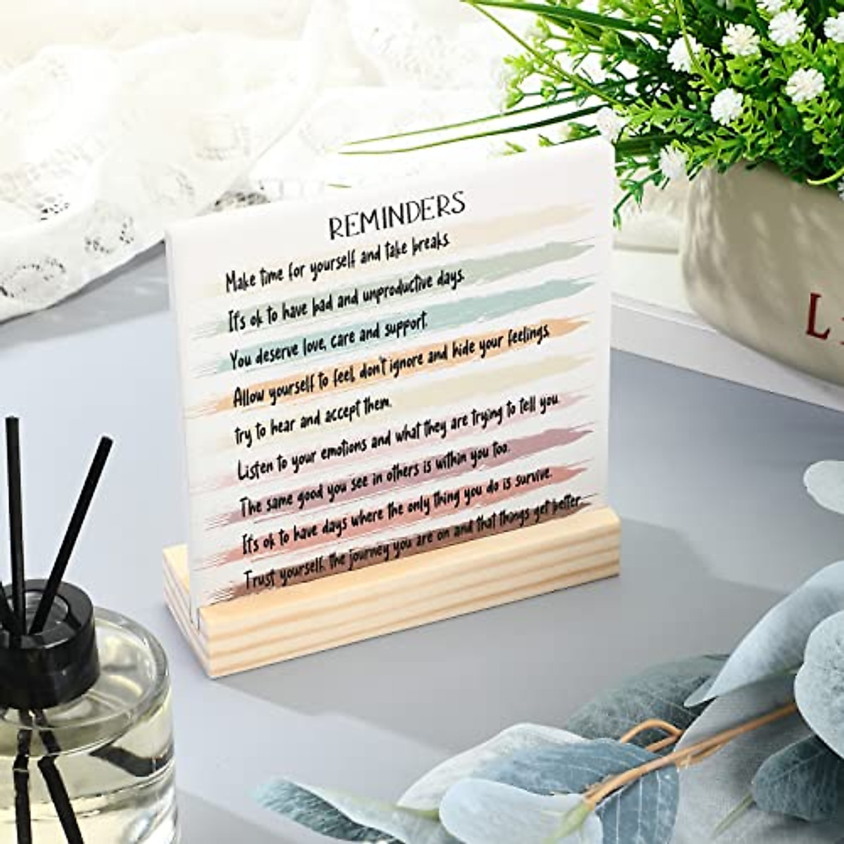 Mental Health Reminders Sign Decor Inspirational Desk Office Wall Art Motivational Cheer up Gifts Ceramic Positive Quotes Decor with Wooden Stand for Christmas Office Classroom Gift Decoration