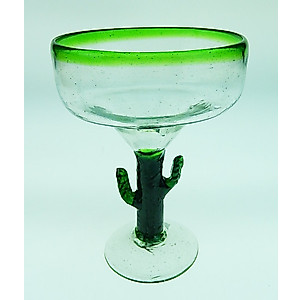 WSLHFEO Margarita Saguaro Cactus Green Rim Hand Blown Set of 4.