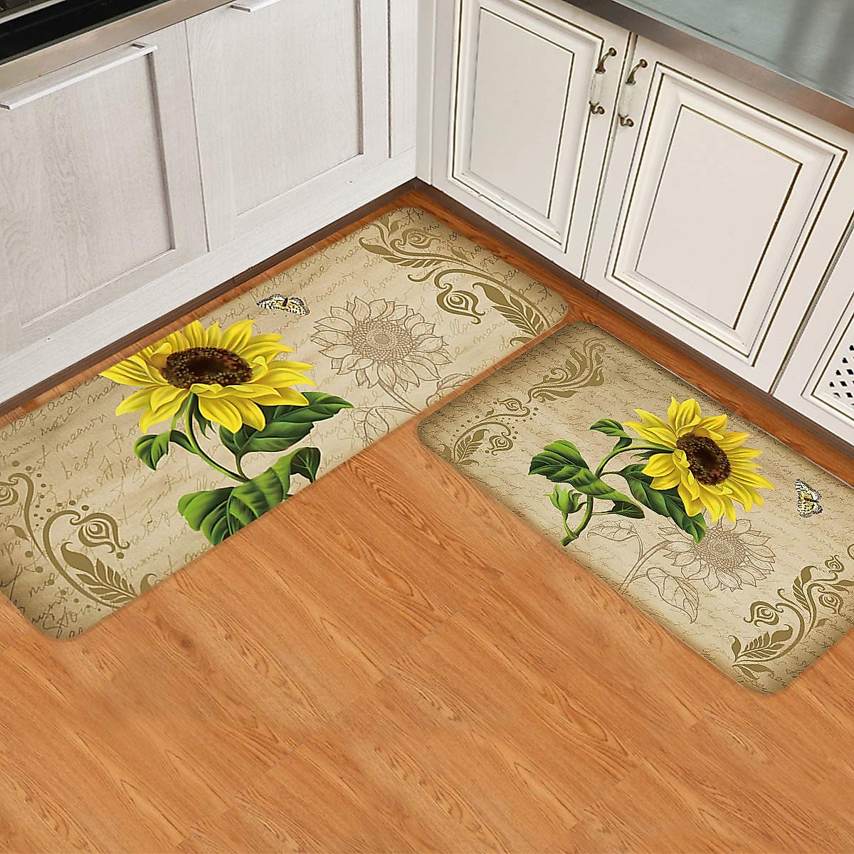 LooPoP Kitchen Rugs and Mats Non Skid Washable Sets Sunflower Anti Fatigue 2 Piece Set Non Skid Waterproof Standing Rugs Spring Flowers Farmhouse