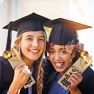 Ireer 100 Pcs Class of 2024 Graduation Paper Silverware Bags Utensil Holder for Graduation Party Supplies Pocket Sleeves for College Senior High School Congrats Grad Table Centerpiece Decor (Brown)