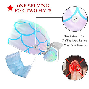 Abstract Mermaid Scale Pattern Working Cap with Button & Sweatband, 2 Packs Reusable Surgical Surgery Hats Ponytail Holder, Multi Color