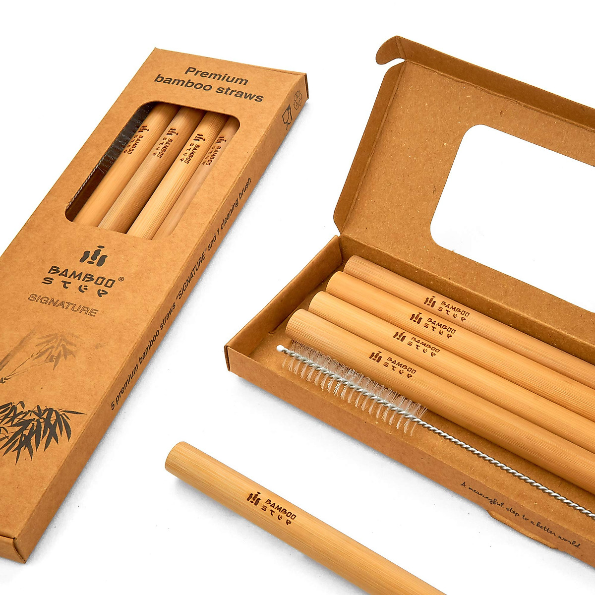5 Bamboo Straw kit - Luxury Quality: 5 Reusable Straws of 20cm/7.9" from the SIGNATURE Line by Bamboo Step and a Cleaning Brush in a kraft paper box. (Regular Diameter Size: 0.35” / 9mm)
