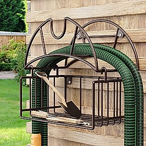 Hose Reel Garden Hose Holder,Water Hose Holder Wall Mount,Heavy Duty Metal Hose Hanger with Tool Storage Basket,Outdoor Hose Stands for Outside Garden Yard Garage