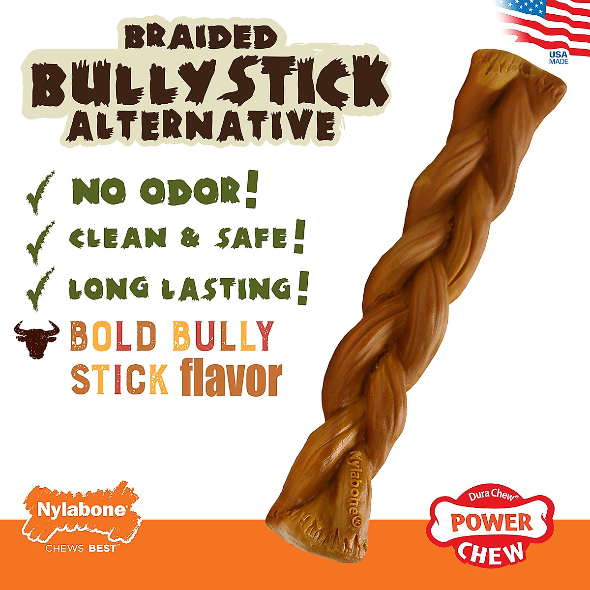 Nylabone Power Chew Braided Rawhide Bully Stick Alternative Nylon Chew Toy for Dogs, Dog Toys for Aggressive Chewers, Beef Flavor, Large/Giant (1 Count)