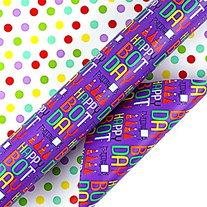 WRAPAHOLIC Reversible Wrapping Paper - 24 inch X 65.6 feet Jumbo Roll Colorful Happy Bot Day Lettering Design, Perfect for Birthday, Party, Holiday, Baby Shower Packing