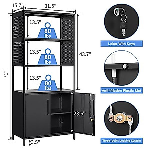Yizosh 5-Tier Bookshelf, Tall Bookcase with Doors, Industrial Display Standing Shelf Units with Lock & Pegboard, Metal Storage Shelves for Living Room, Bedroom, Home Office (Black)
