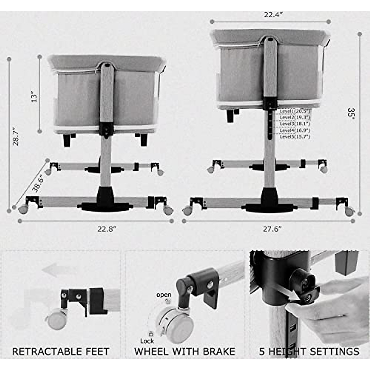 nordmiex Baby Crib,3 in 1 Bassinet for Baby,Bedside Sleeper Bedside Baby bassinets Crib for Newborn,Adjustable Portable Baby Bed for Infant/Baby,Gray