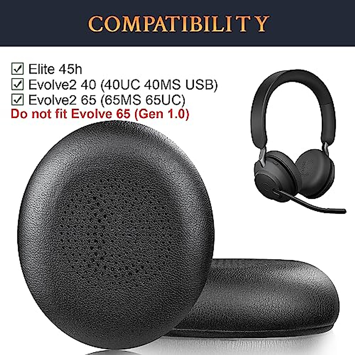 SOULWIT Earpads Replacement for Jabra Evolve2 65 (65MS 65UC USB)/Evolve2 40 (40UC 40MS USB)/Elite 45h On-Ear Wireless Headset, Ear Pads Cushions with Softer Protein Leather